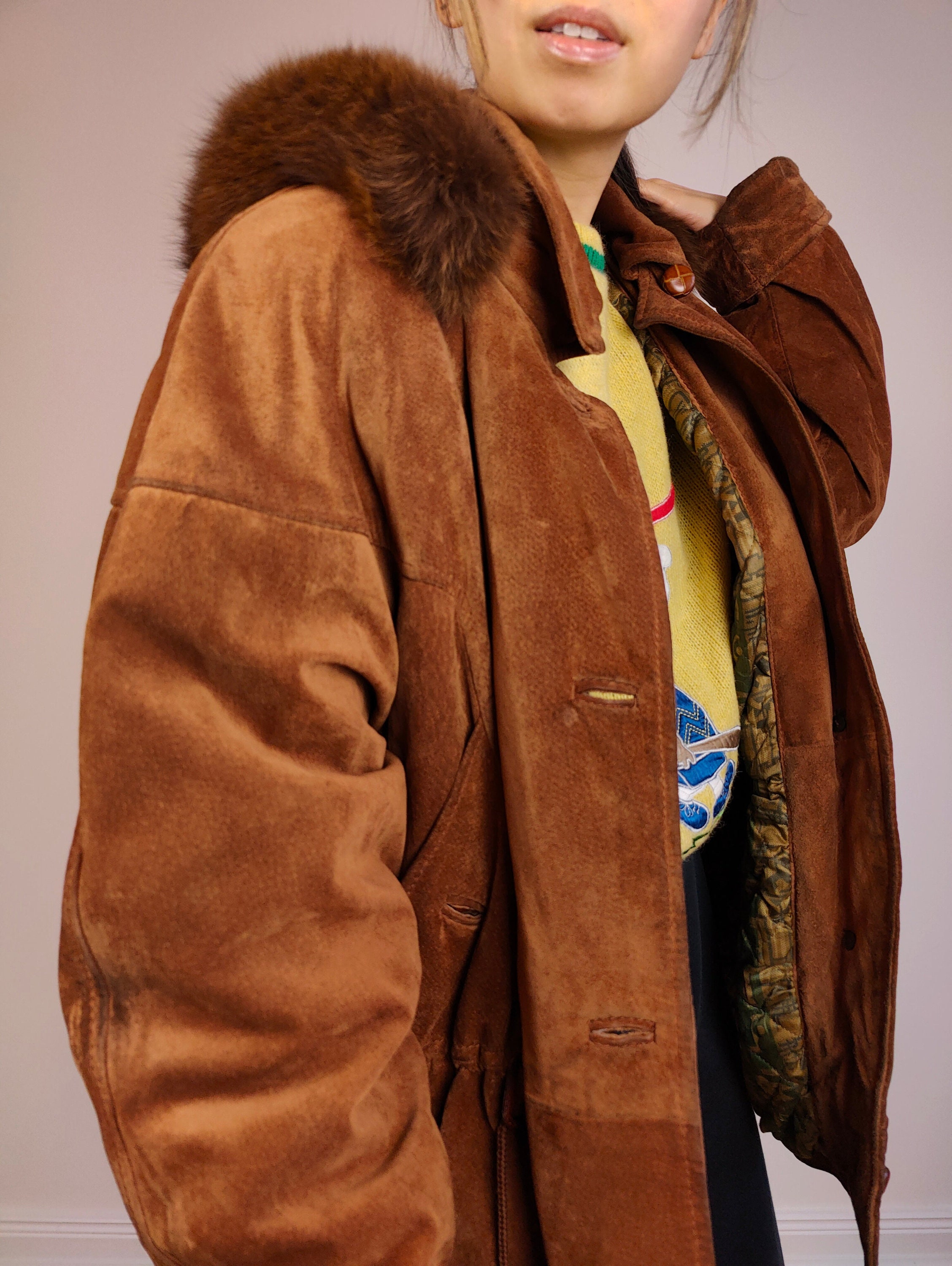 The Brown Suede Leather Hoodie Jacket Vintage Real Suede Leather Fluffy ...