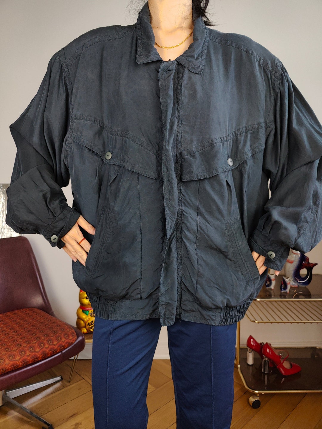 Vintage Silk Bomber Jacket Blouson Blue Light Spring Summer Women ...