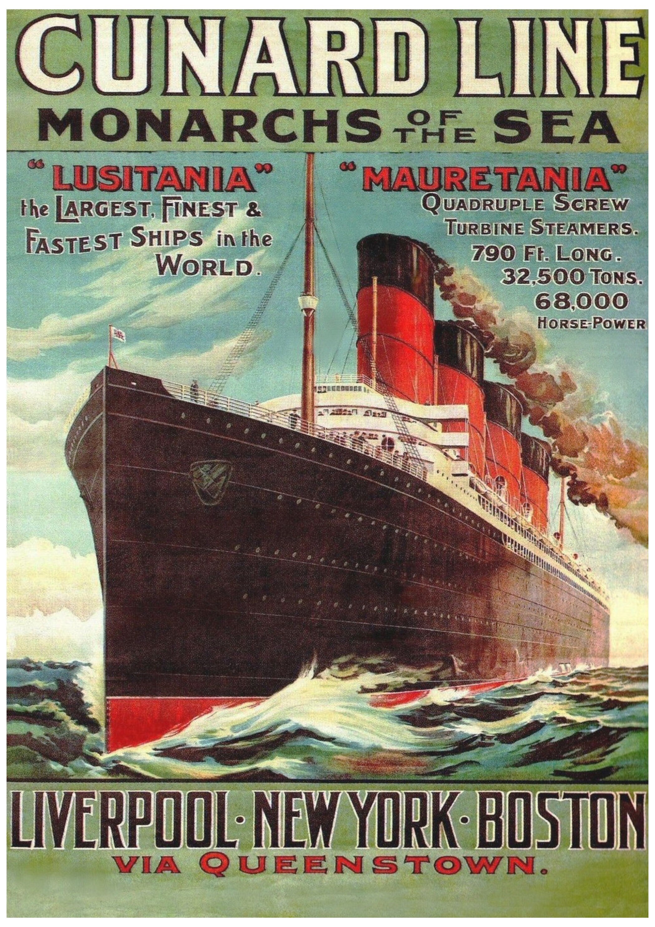 Shipping Poster - Cunard - Transatlantic - 1907 - Lusitania ...