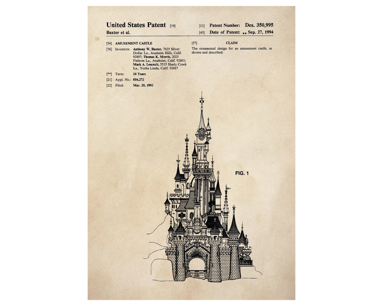 Disney Theme Park Castle / Walt Disney - Patent Print - Vintage Wall ...