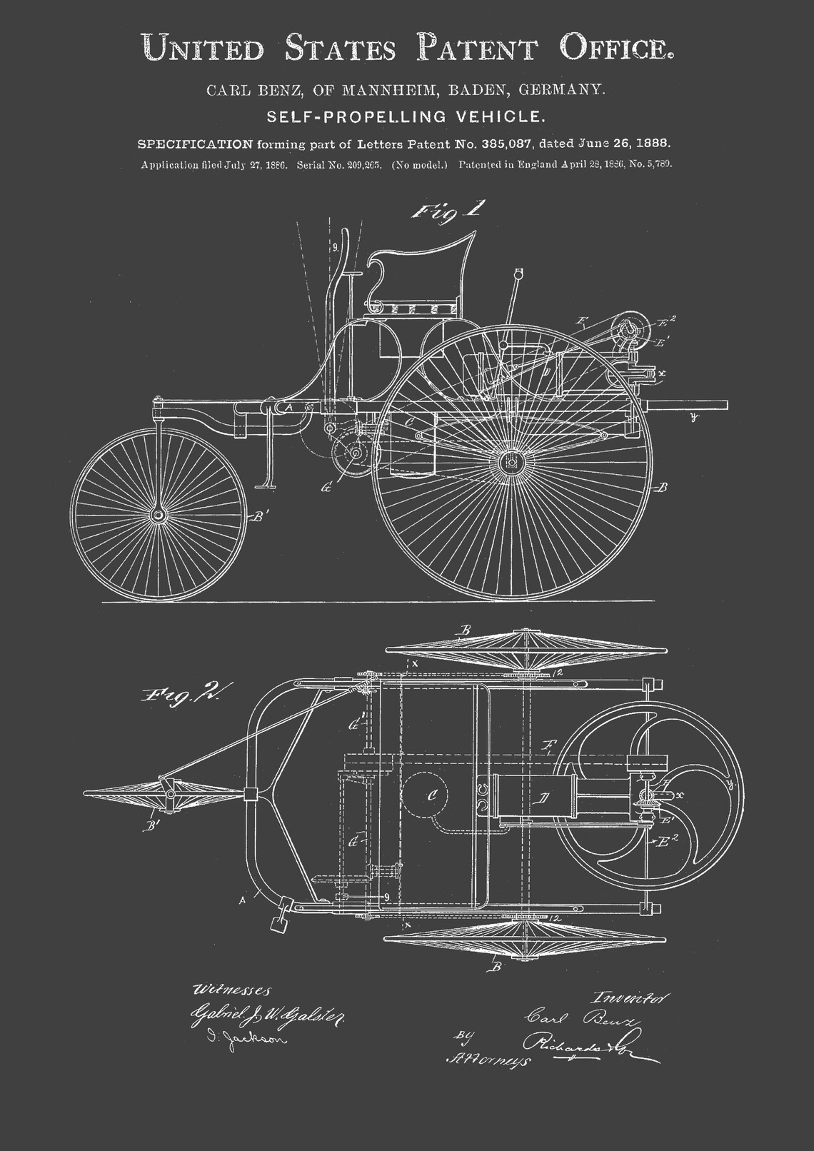 Patent Print - Benz / Motor Car / Automobile / Mercedes 1888 - Vintage ...