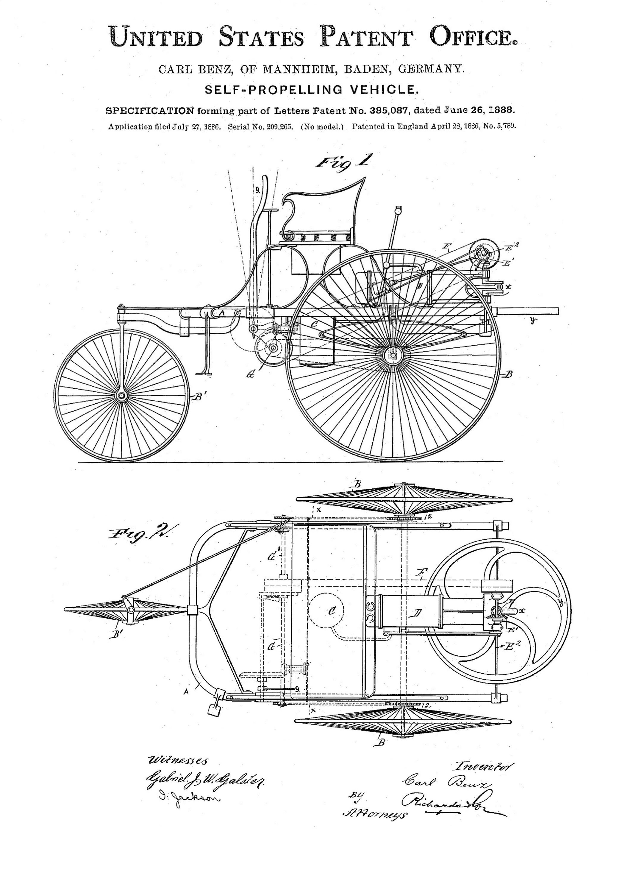 Patent Print - Benz / Motor Car / Automobile / Mercedes 1888 - Vintage ...