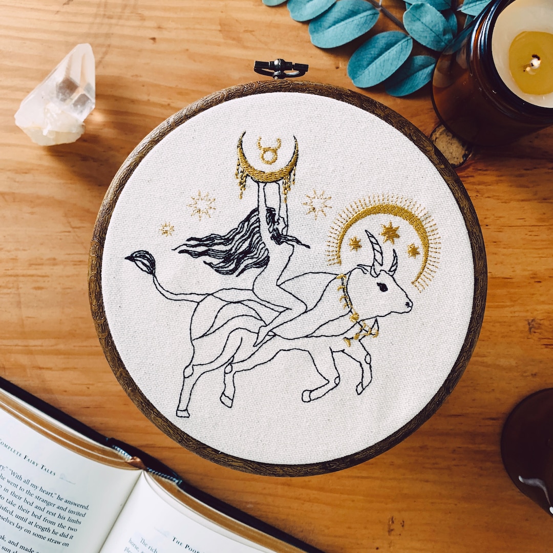 Taurus Embroidered Wall Art Zodiac Embroidery Embroidery Wall Hanging ...