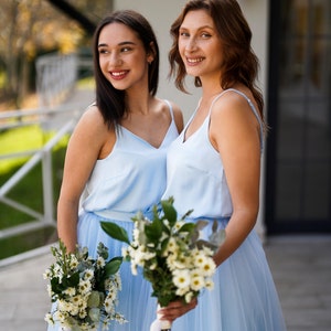 Light Blue Soft Silk Bridesmaid Basic Top With Adjustable Straps, Powder Blue Engagement Crop ...