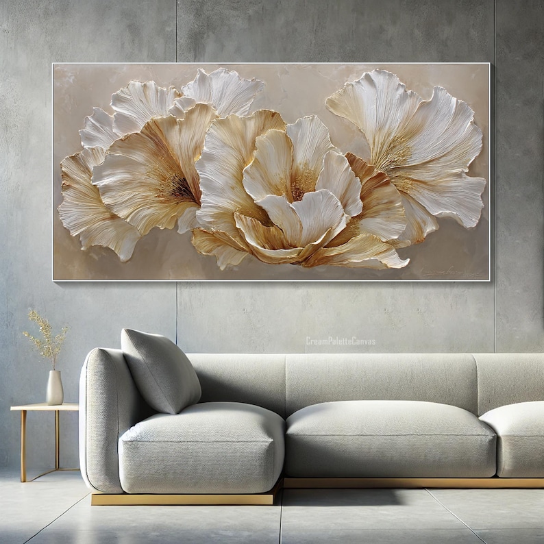 Floral Painting on Canvas 3D White Gold Flower Texture Wall Art Luxury ...