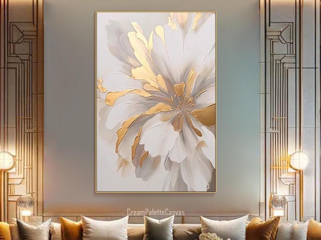 Modern Flower Creamy Textured Wall Art Abstract Gold Element Floral Custom Oil Painting on ...