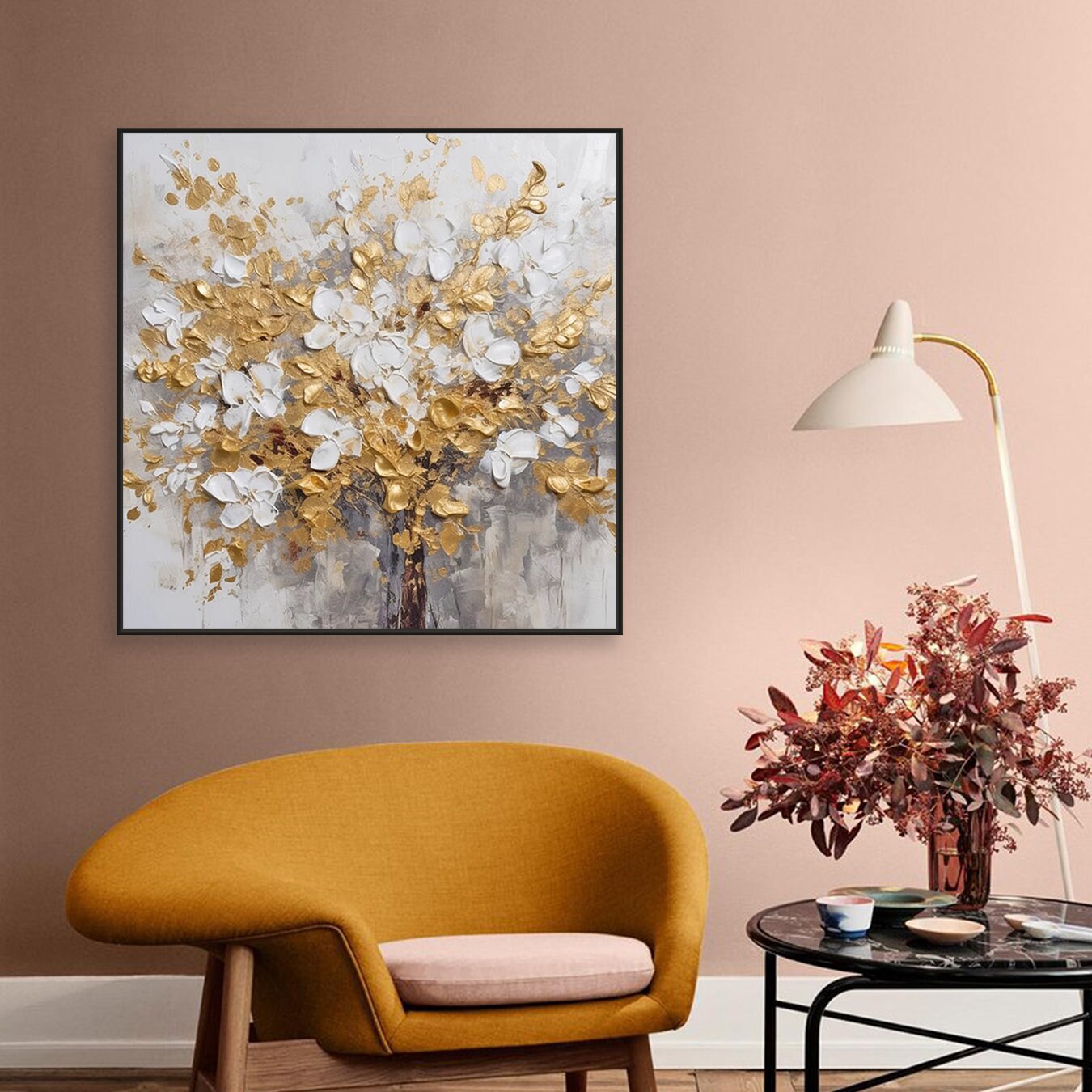 3D Original Flower Painting on Canvas Framed Gold Textured Wall Art Abstract Floral Art Living ...