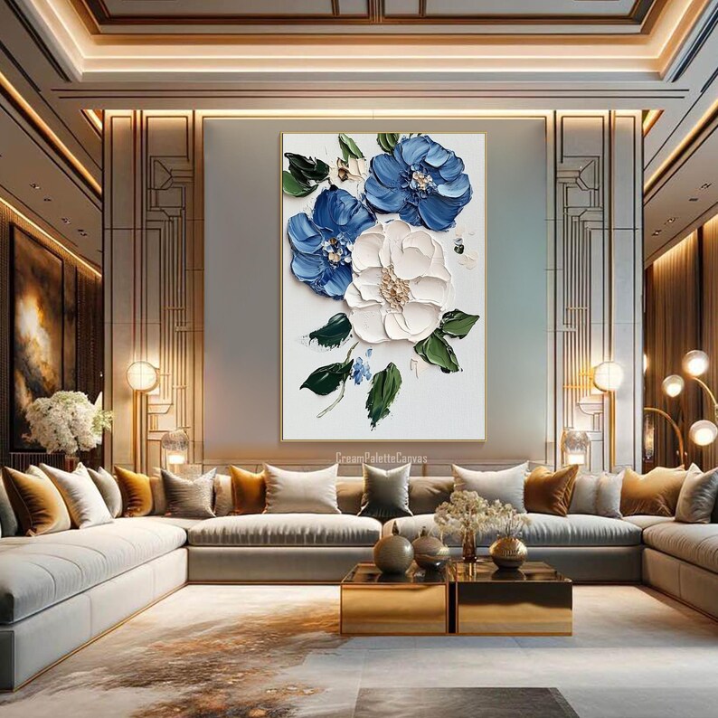 Blue Flower Textured Wall Art 3D Elegant A Set of 2 Floral Oil Painting ...