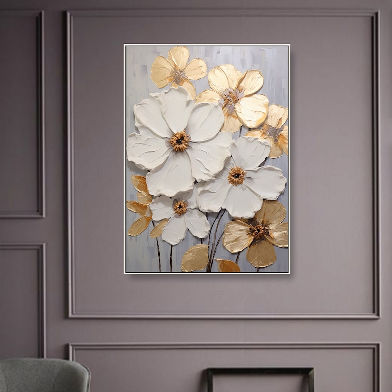 3D Original Flower Painting on Canvas Framed Creamy Textured Wall Art Abstract Floral Art Living ...
