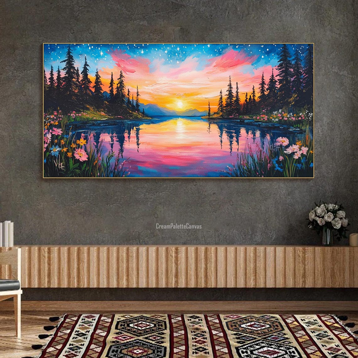 Starry Night Lake 3D Textured Wall Art Sunset Reflection Landscape Oil ...