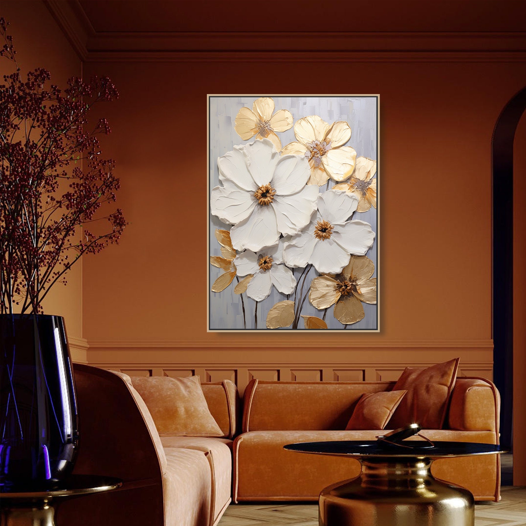 3D Original Flower Painting on Canvas Framed Creamy Textured Wall Art ...