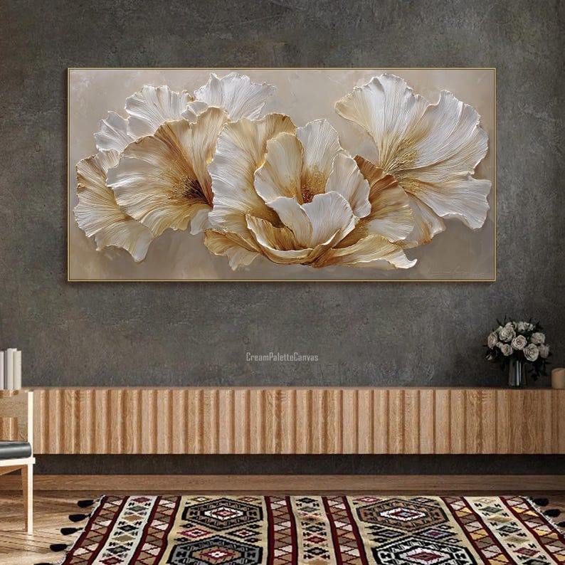 Floral Painting on Canvas 3D White Gold Flower Texture Wall Art Luxury ...
