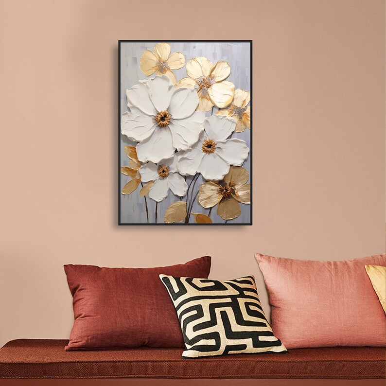 3D Original Flower Painting on Canvas Framed Creamy Textured Wall Art Abstract Floral Art Living ...