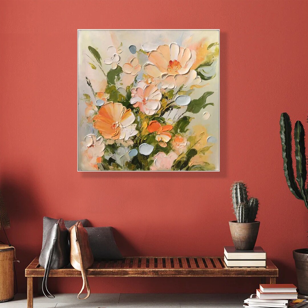 3D Original Flower Painting on Canvas Framed Gold Textured Wall Art Abstract Floral Art Living ...