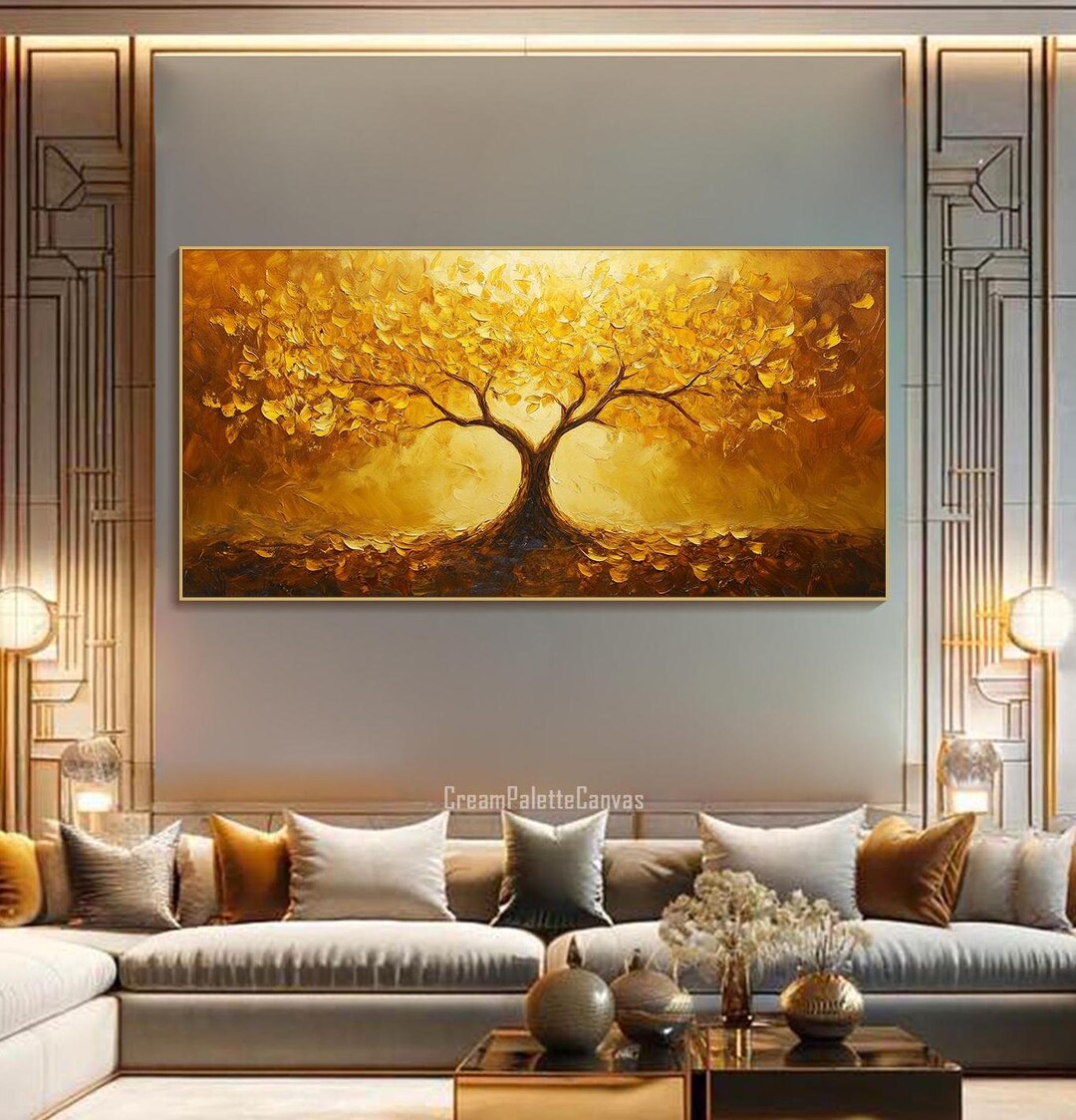 Golden Tree of Life Oil Painting 3D Vibrant Yellow Textured Abstract ...