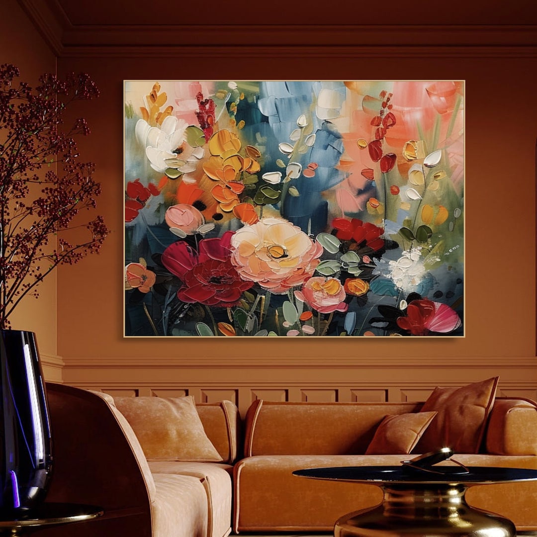 Original Flower Painting on Canvas Framed Colorful Textured Wall Art ...