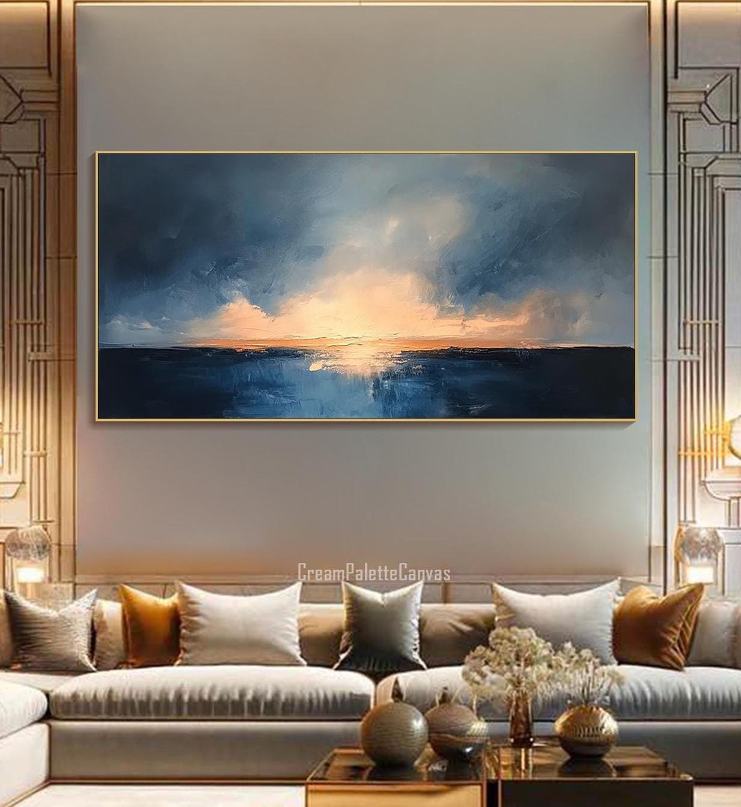 3D Abstract Ocean Sunset Painting Modern Seascape Textured Wall Art ...