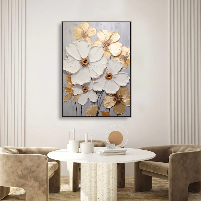 3D Original Flower Painting on Canvas Framed Creamy Textured Wall Art Abstract Floral Art Living ...