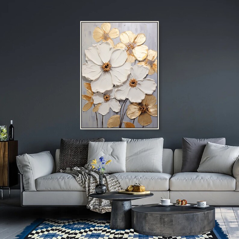 3D Original Flower Painting on Canvas Framed Creamy Textured Wall Art Abstract Floral Art Living ...