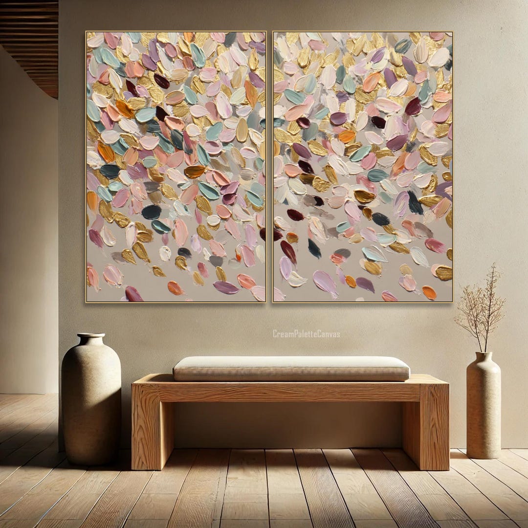 A Set of 2 Soft Tone Abstract Diptych Texture Wall Art Gold Accent Art ...