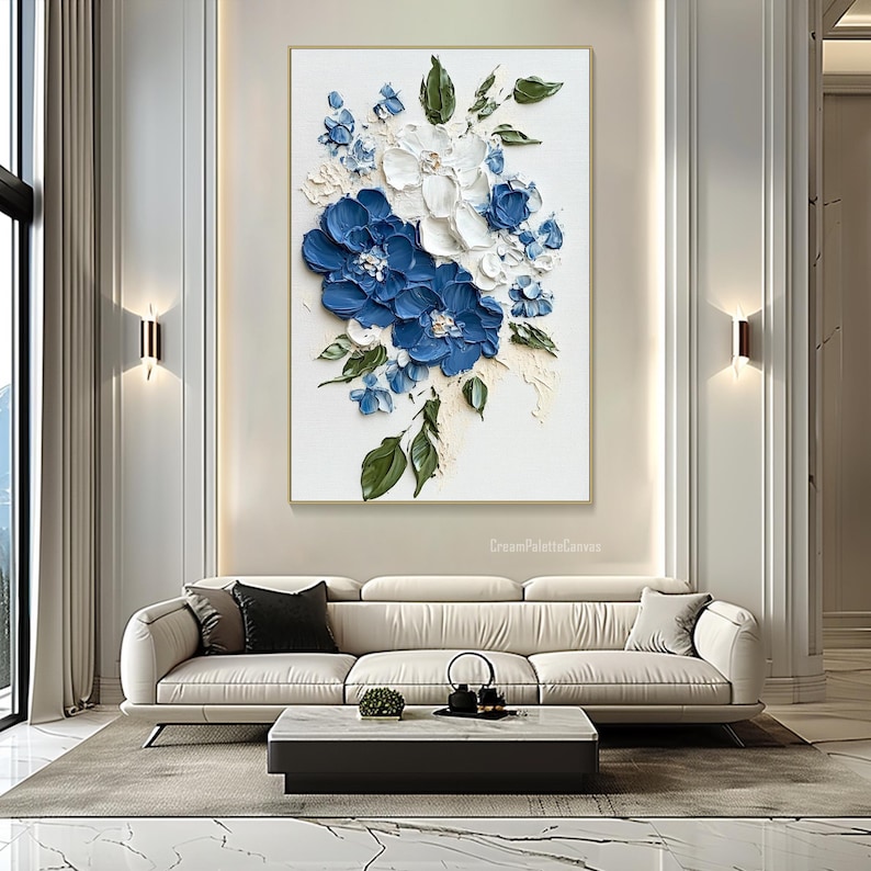 Blue Flower Textured Wall Art 3D Elegant A Set of 2 Floral Oil Painting ...