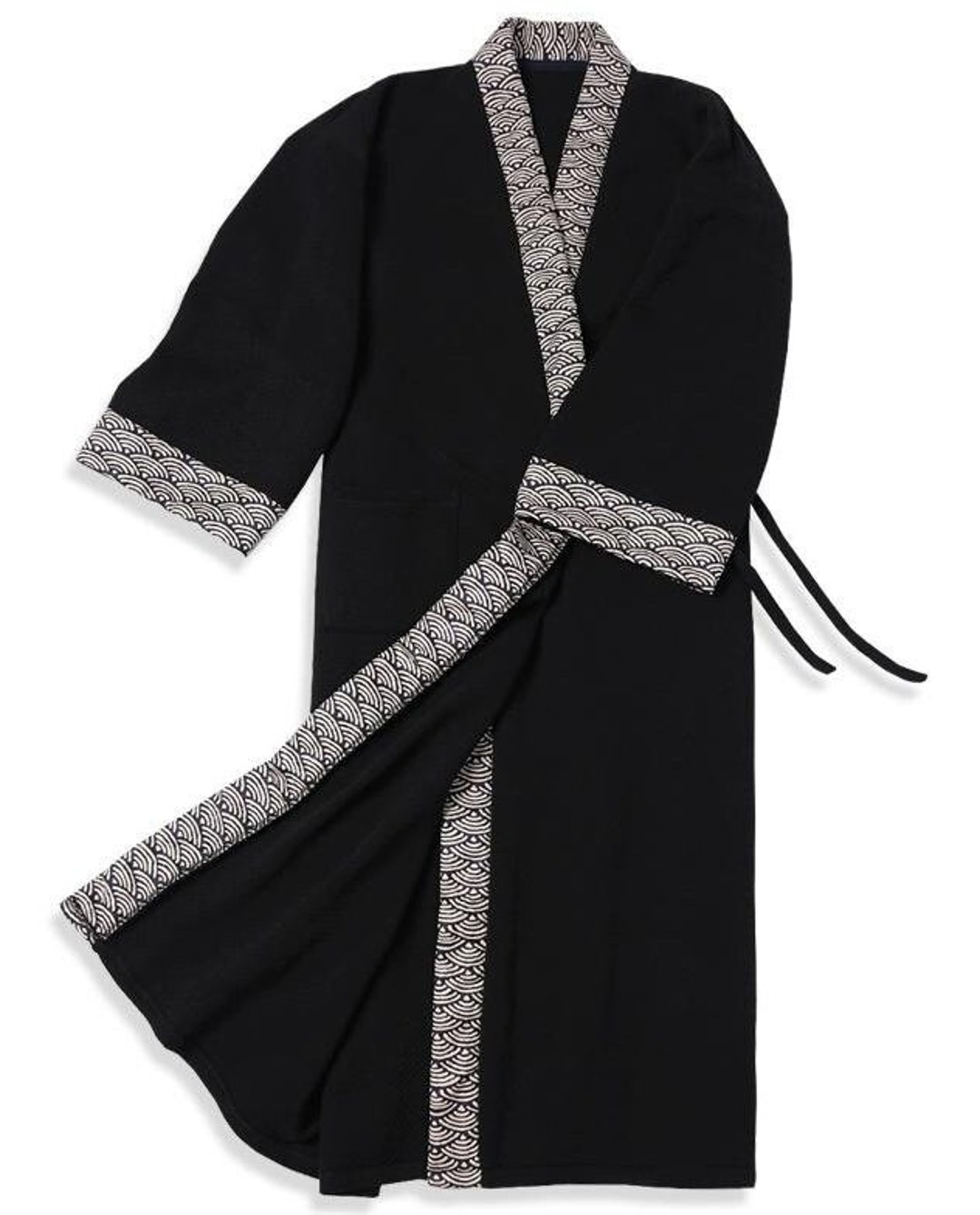 Black Men's Kimono Robe, Black Ocean Wave Yukata, Black Men's Robe ...