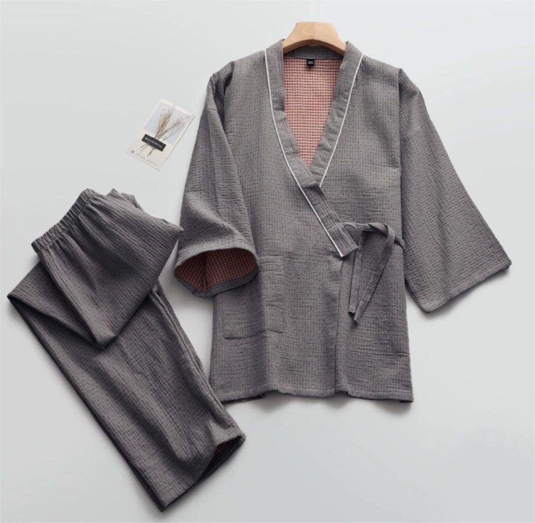 Grey Japanese Men's Robe, Grey Men's Yukata and Pants, Cotton Vintage ...
