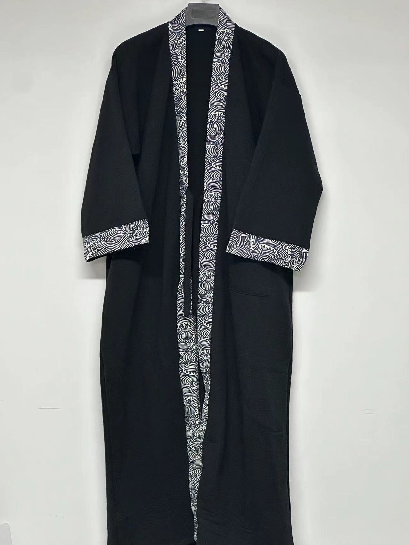 Black Men's Kimono Robe, Black Ocean Wave Yukata, Black Men's Robe ...