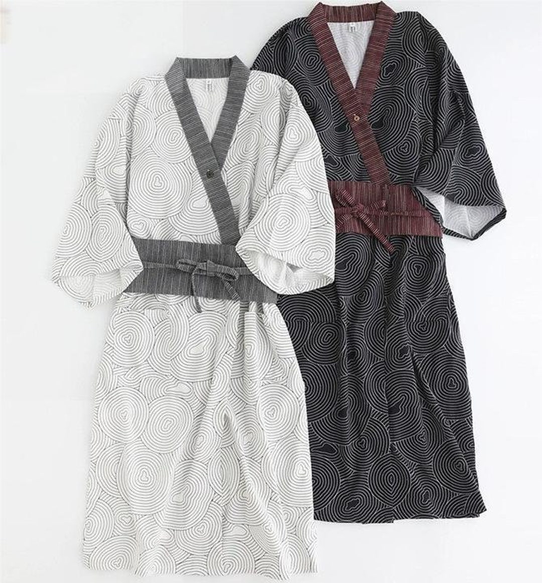 Black Ripple Kimono Robe, Fine Men's Yukata, White Polka Dot Cotton ...