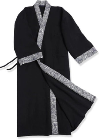 Black Men's Kimono Robe, Black Ocean Wave Yukata, Black Men's Robe ...