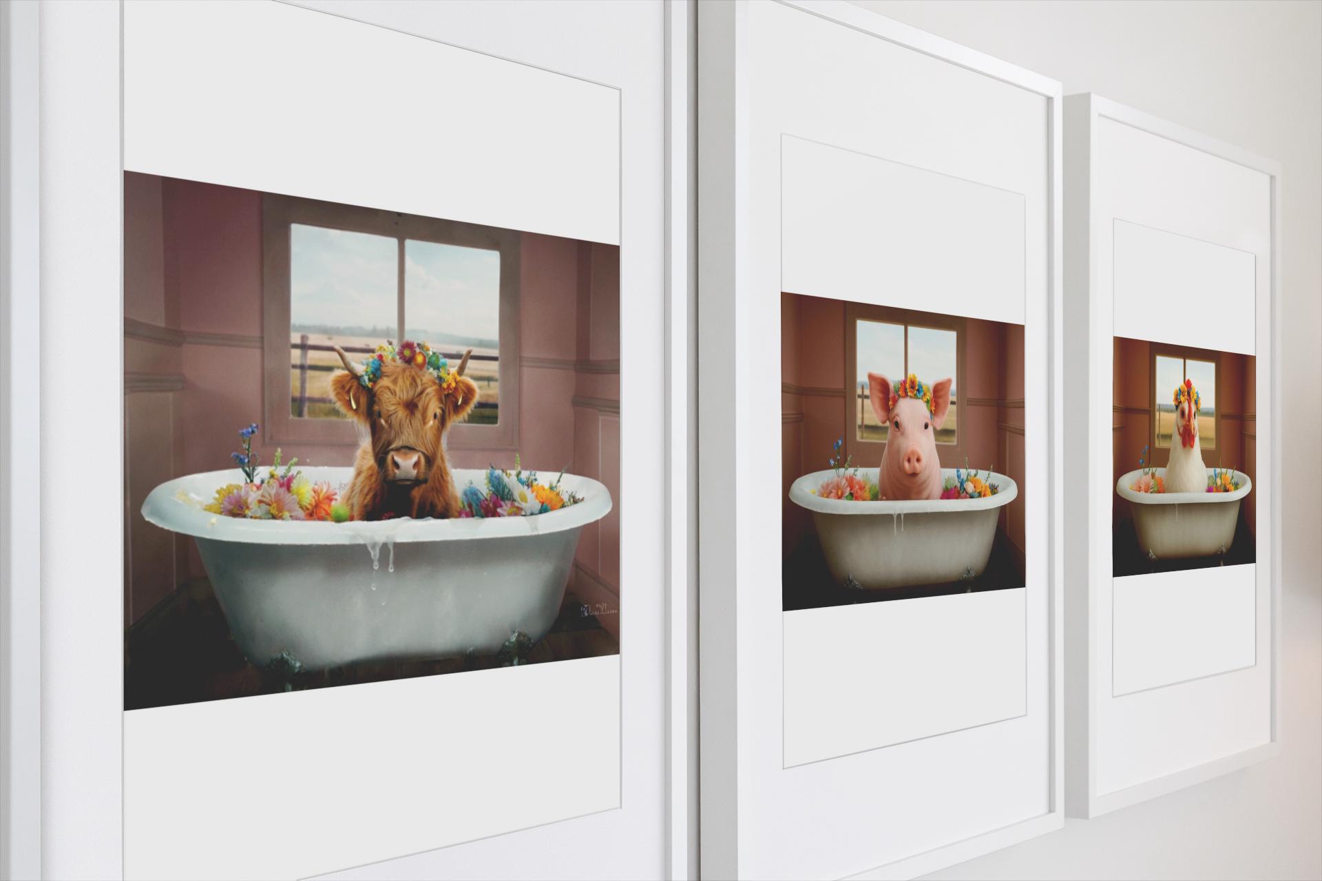 Farm Animals Soaking in the Tub | 3 Pack | Cow | Chicken | Pig | Floral ...