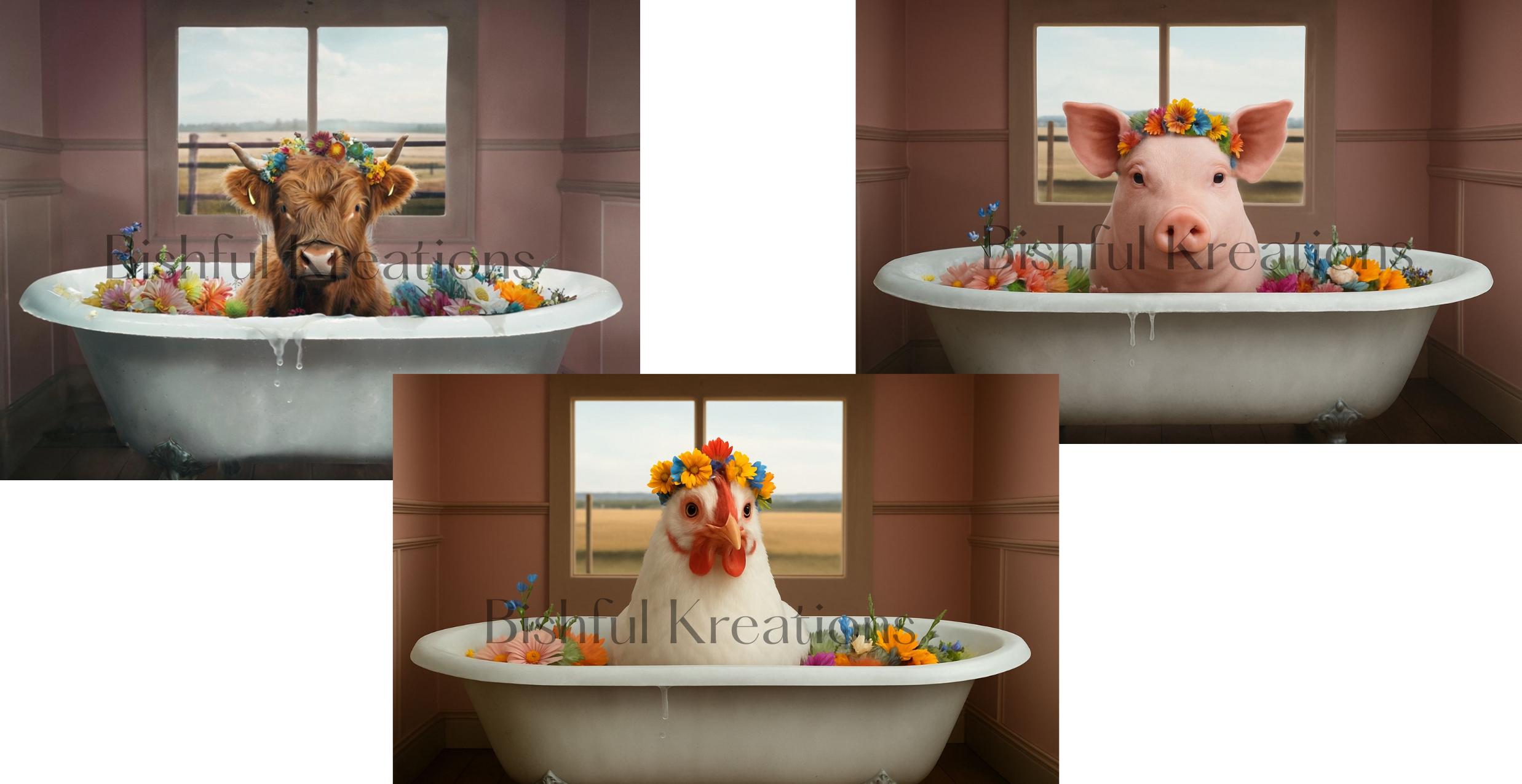 Farm Animals Soaking in the Tub | 3 Pack | Cow | Chicken | Pig | Floral ...