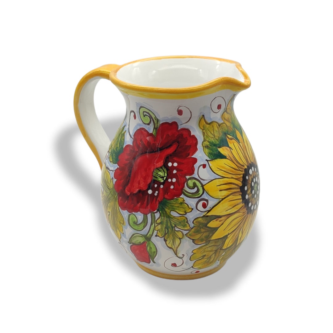Italian Ceramic Pitcher Poppies - Hand Painted Utensil Holder Carafe ...