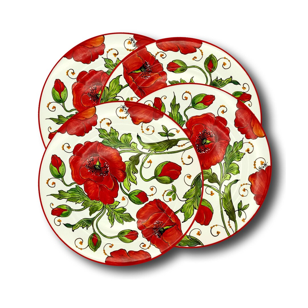 Italian Ceramic - Set of 4 Dinnerware Plates Poppies Design - Hand ...