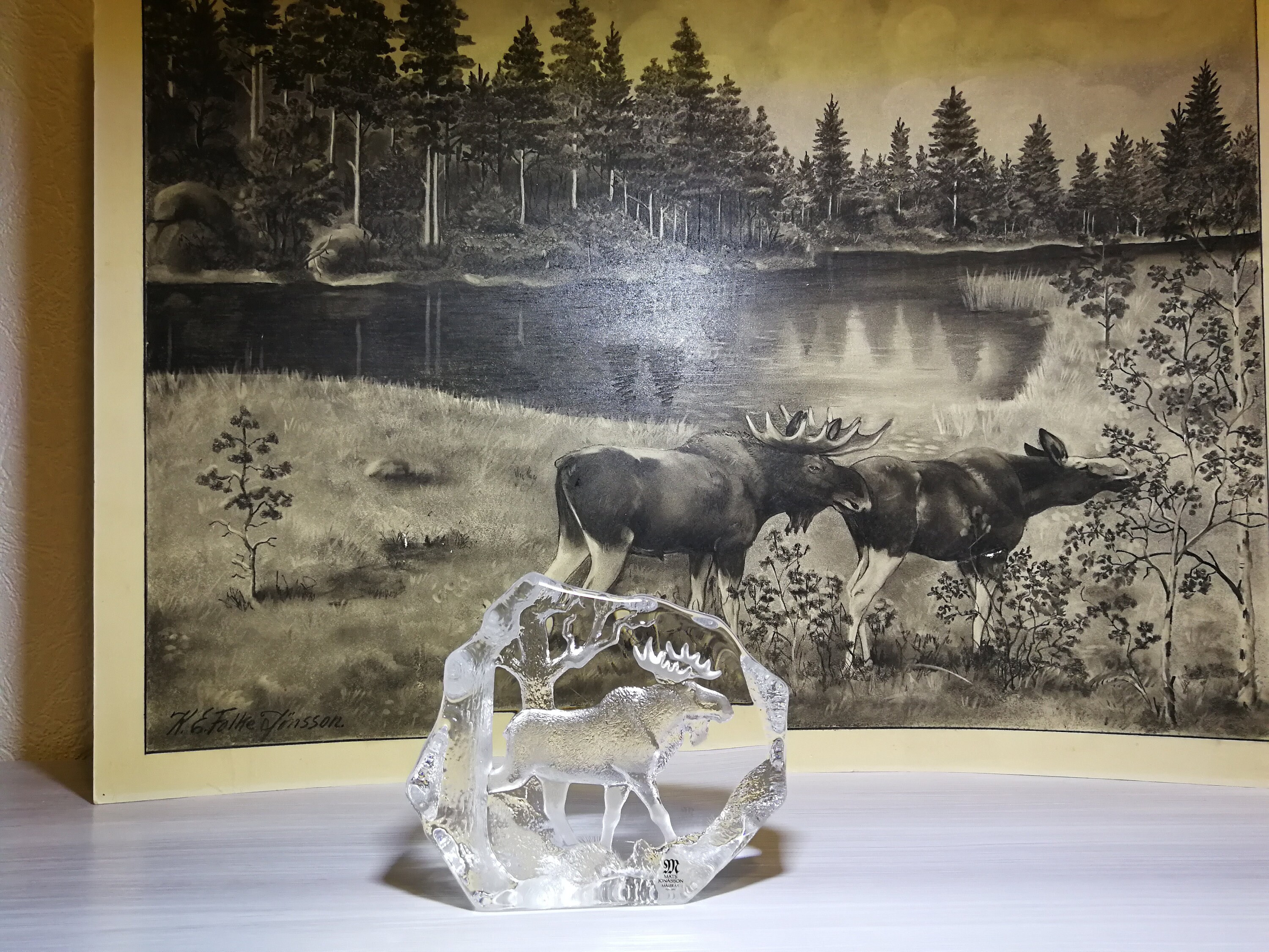 Mats Jonasson, Crystal Glass Etched Art Sculpture Moose. Signed by Mats ...