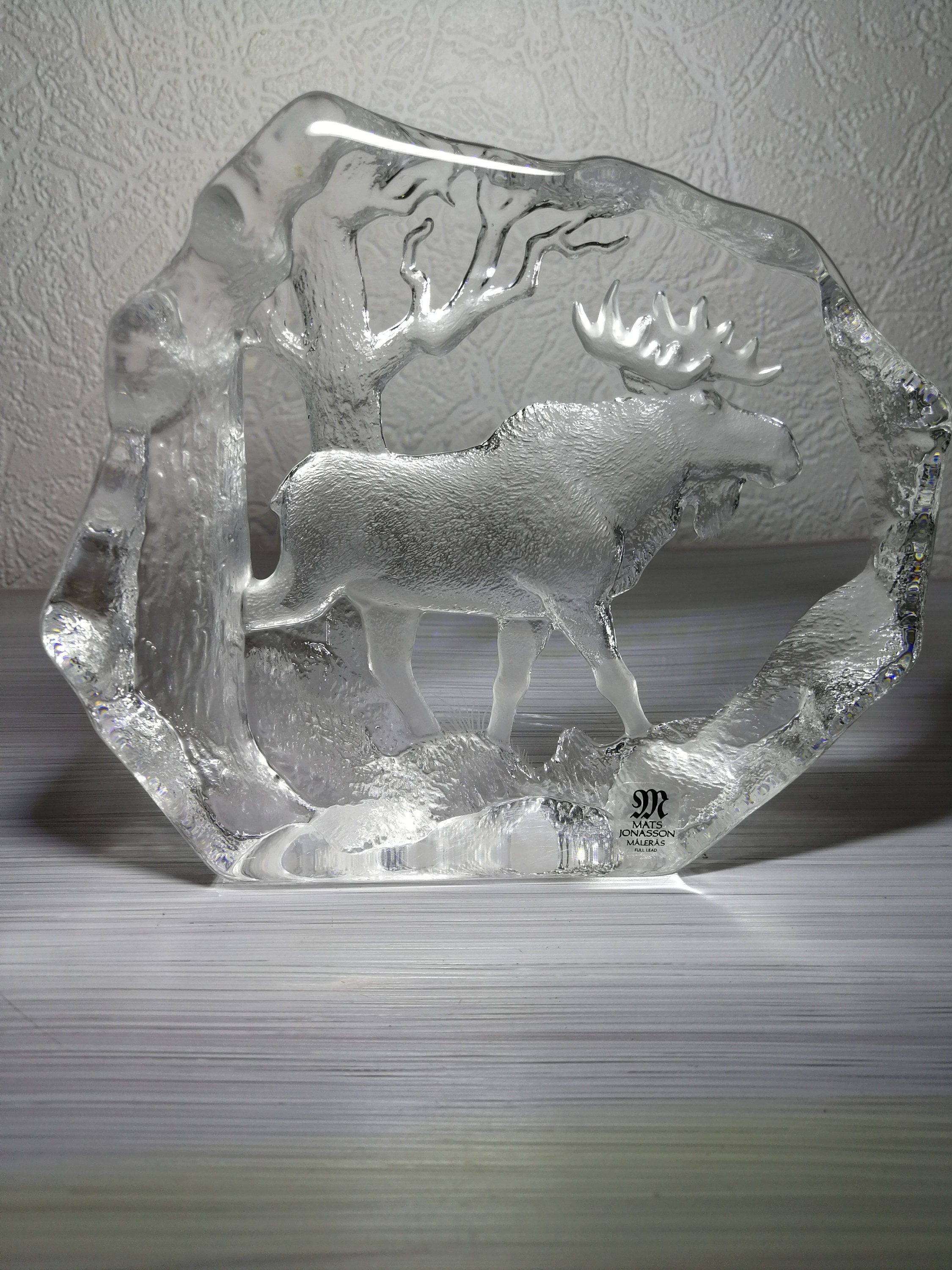 Mats Jonasson, Crystal Glass Etched Art Sculpture Moose. Signed by Mats ...