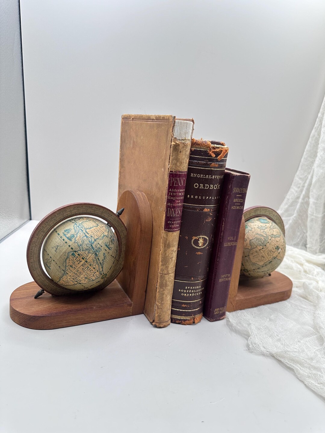 Vintage Wooden Globe Bookends | Mid Century Desk Decor | Library ...