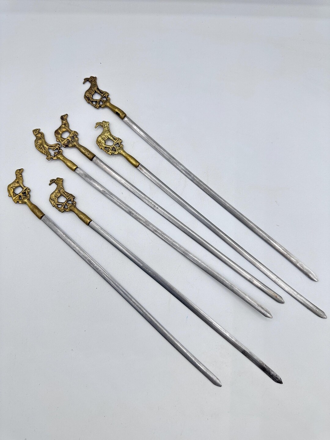 Vintage Skewers for Grilling Set of 6 Brass Animals Grilling Skewers ...