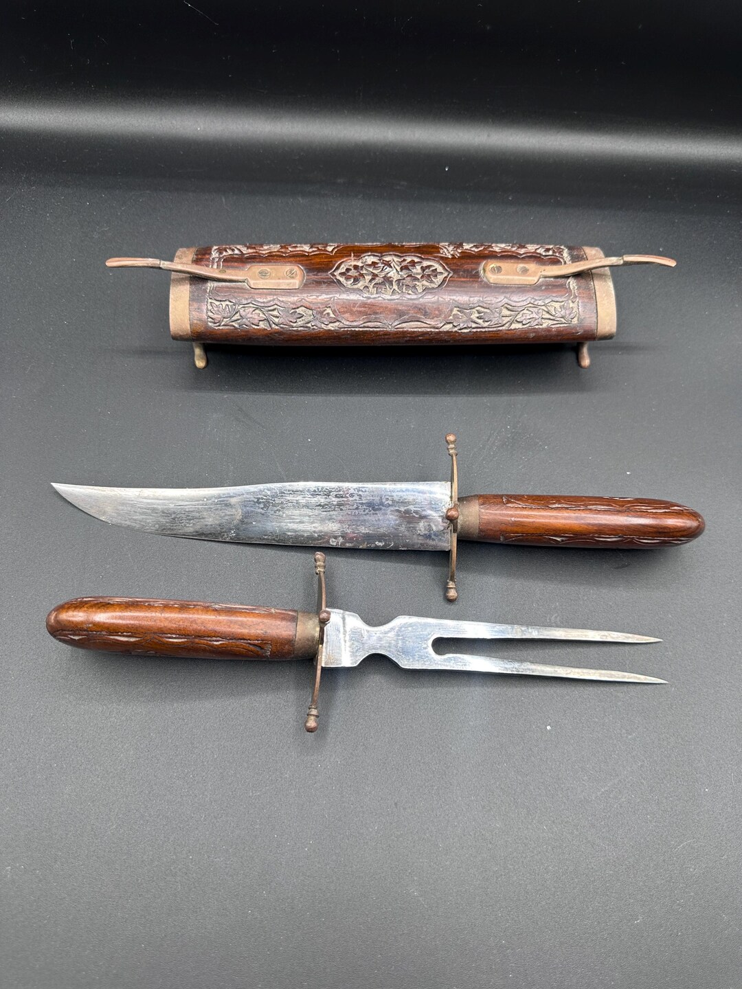 Vintage India Carving Set | Hand Carved Set | Ornate Wood and Brass ...