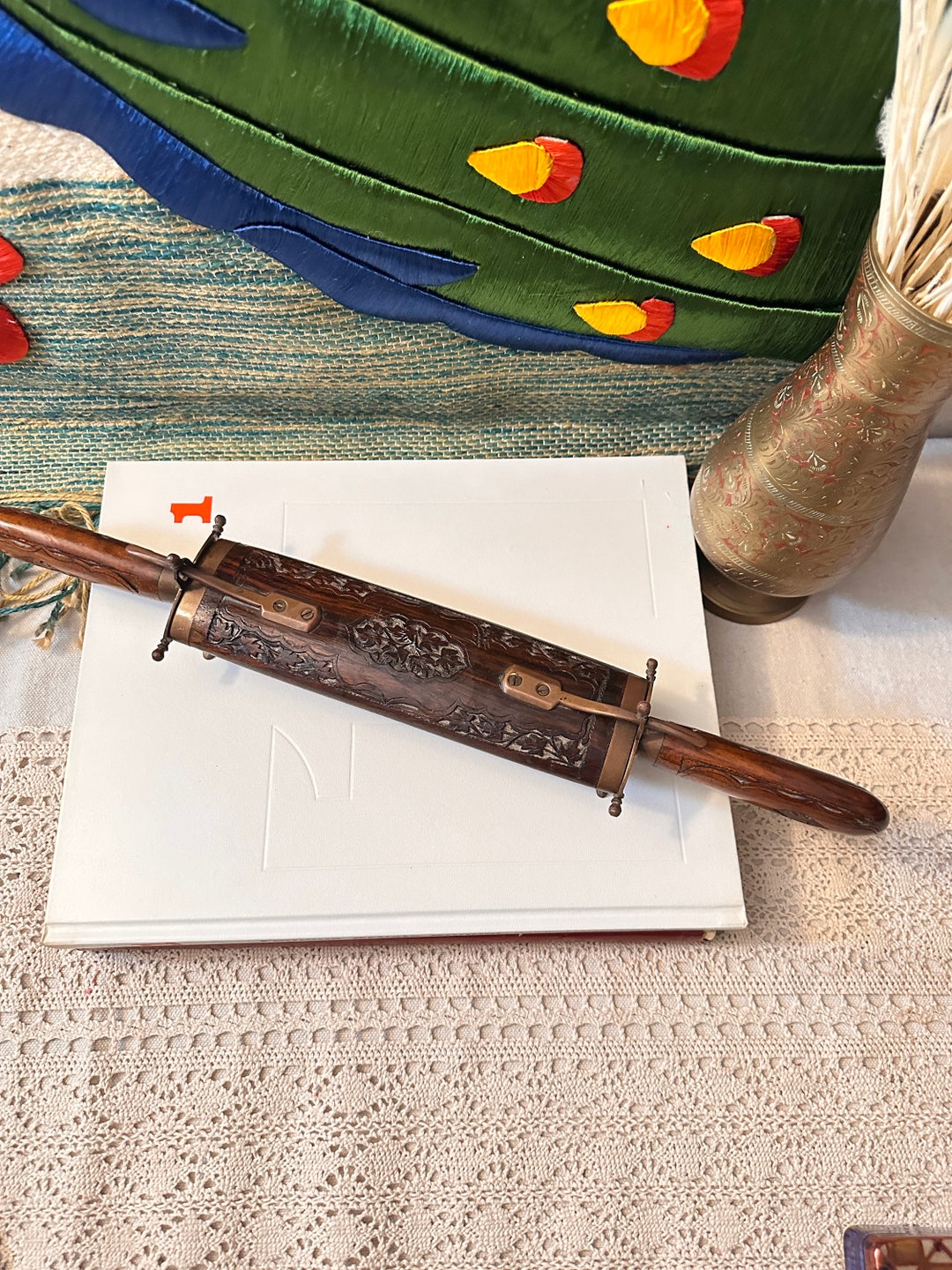 Vintage India Carving Set Hand Carved Set Ornate Wood and Brass Case ...
