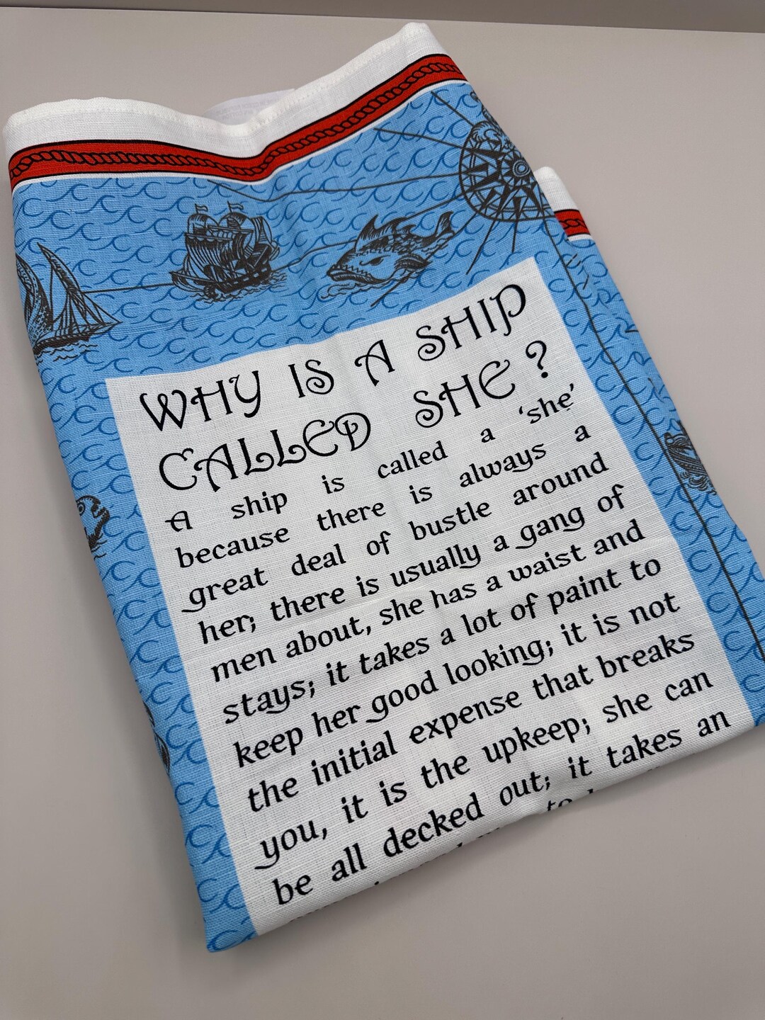 Vintage Nautical Tea Towel – “why is a Ship Called She?” – Blue ...