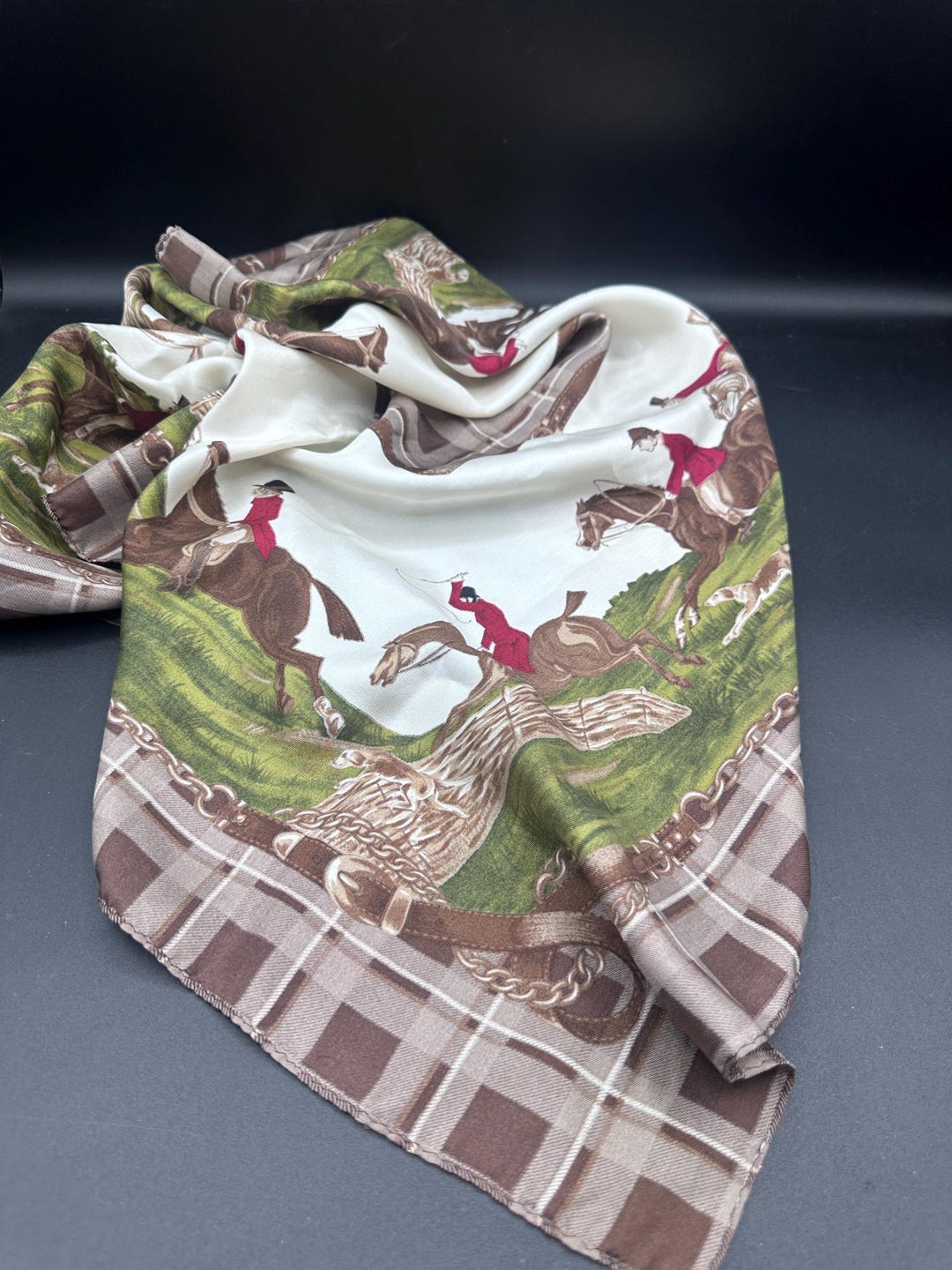 Vintage Equestrian Horse Riding Scarf – Fox Hunt Scene With Plaid ...