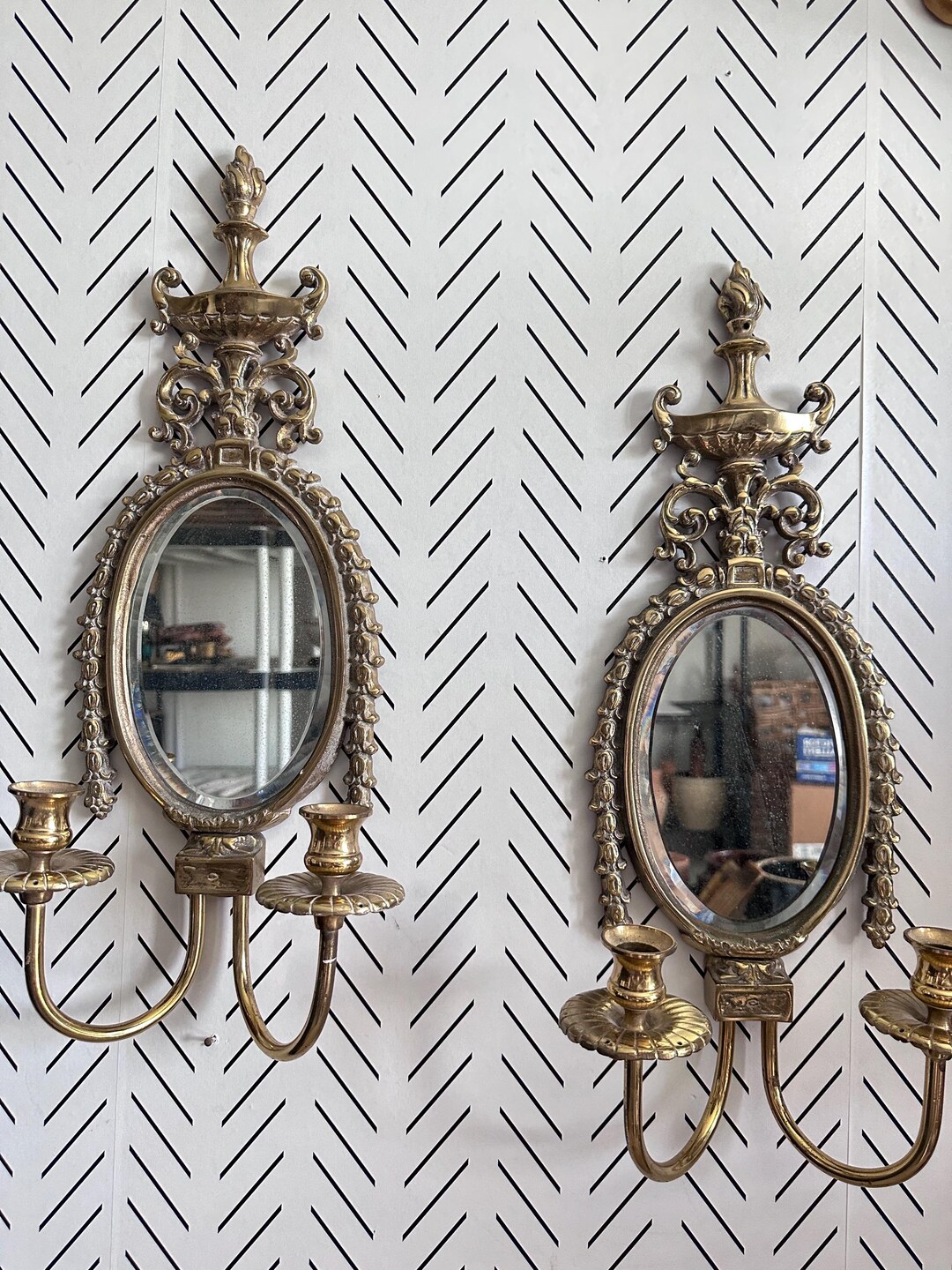 Pair of Vintage Brass Mirrored Wall Sconces – Ornate Hollywood Regency ...