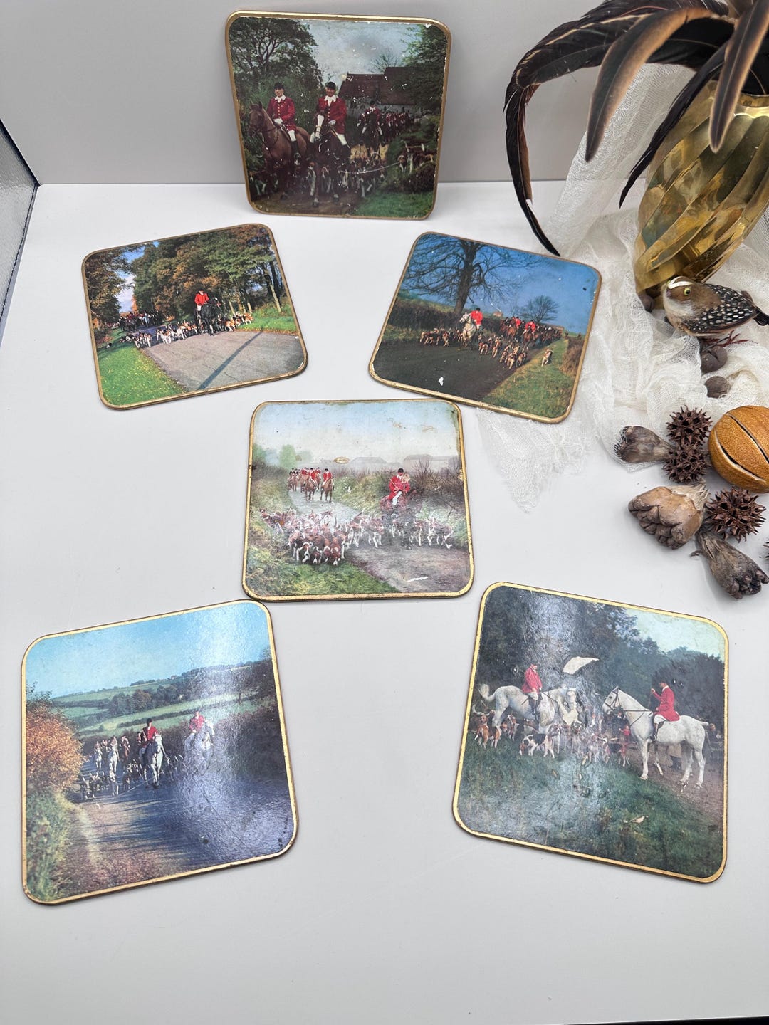 Vintage Fox Hunting Coasters – Set of 6 Equestrian Scene Drink Coasters ...