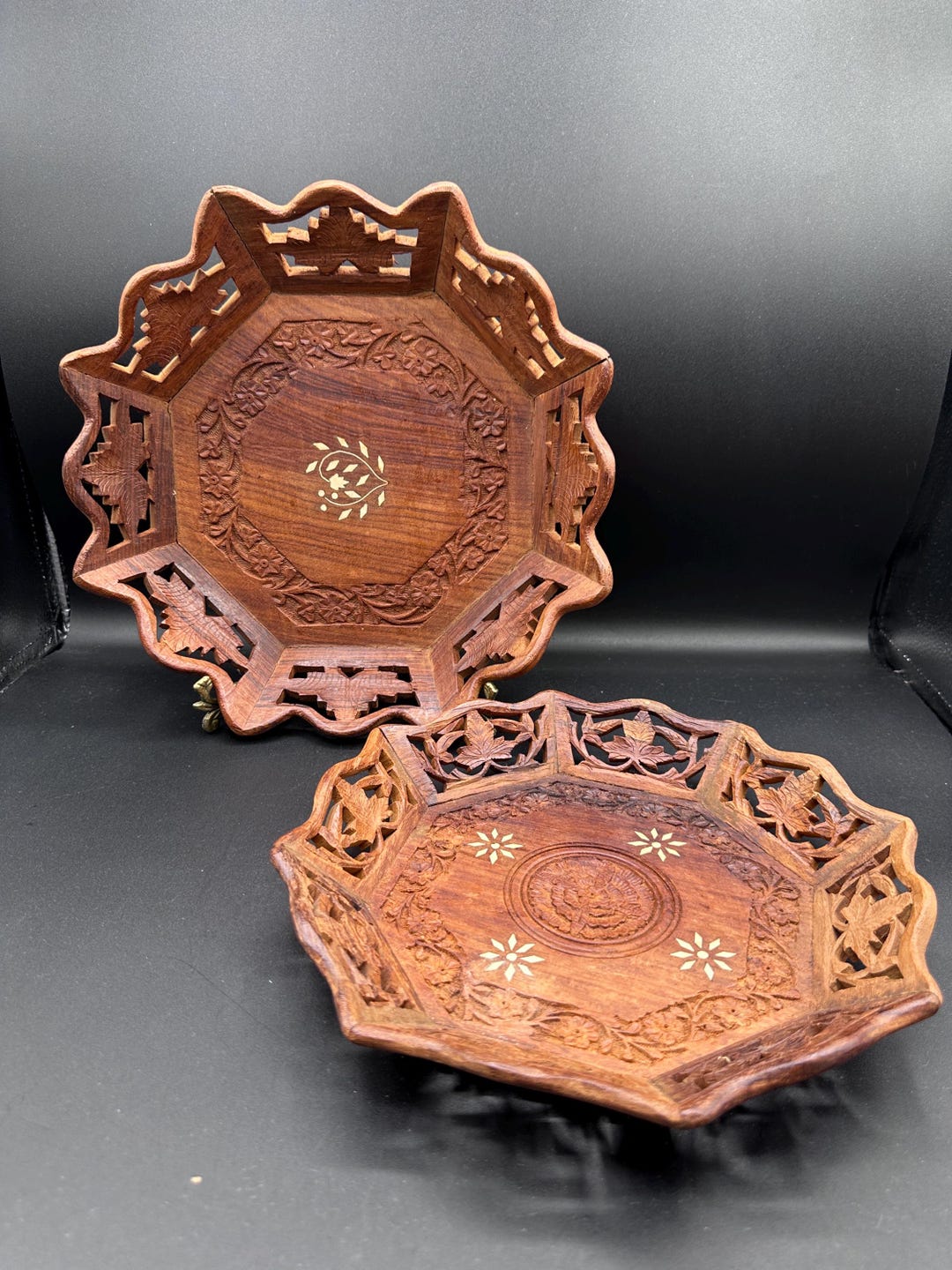 Vintage Pair Hand Carved Wood Trays|made in India|hand Carved Floral ...