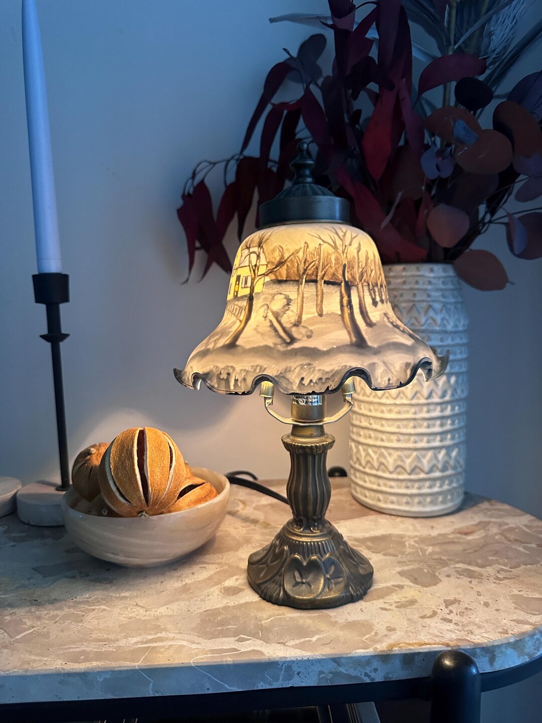 Vintage Currier & Ives Accent Lamp|hand Painted Winter Scene Glass ...