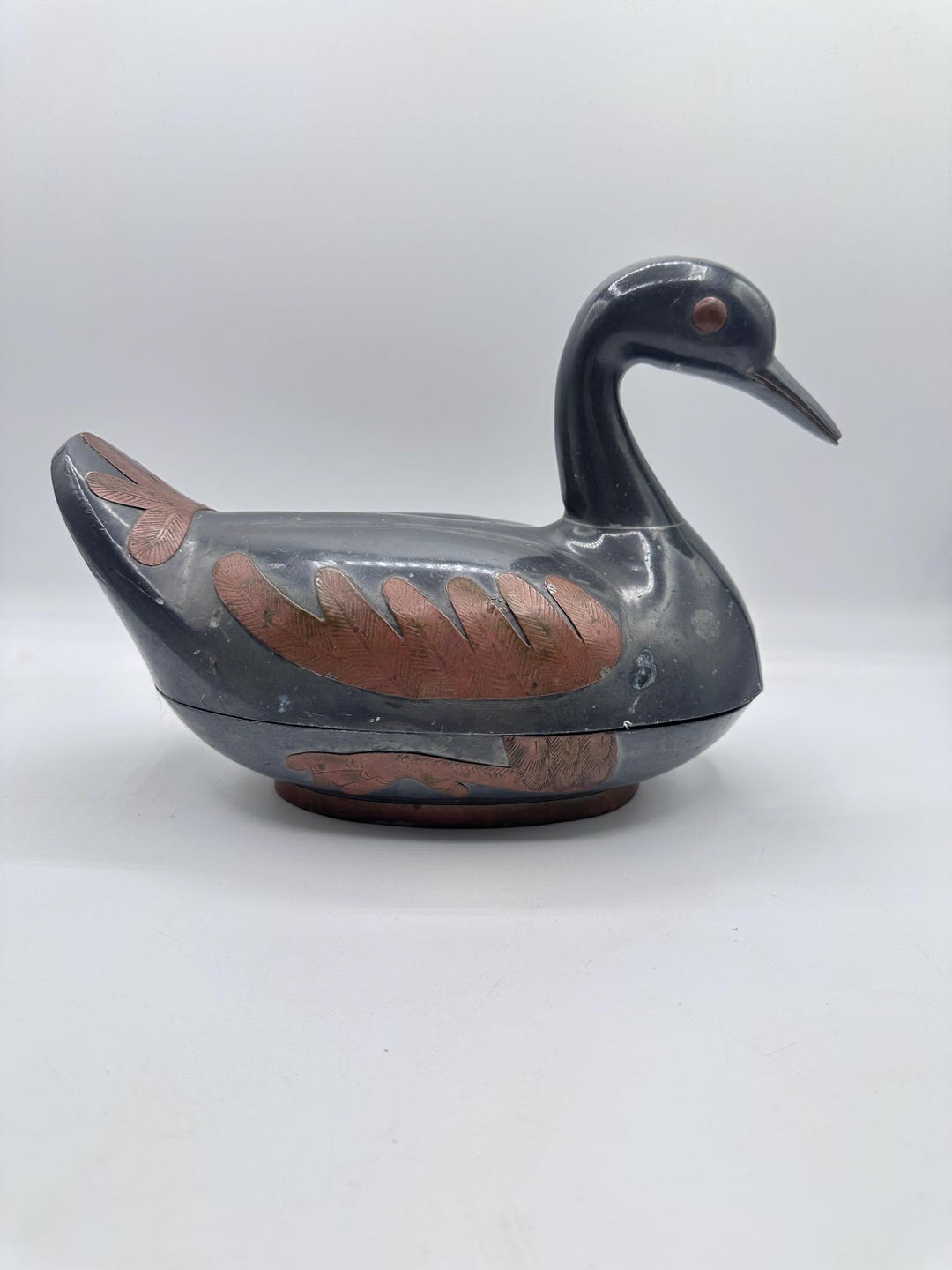 Vintage Pewter and Copper Duck Trinket Box – Handcrafted Metal Bird Box ...