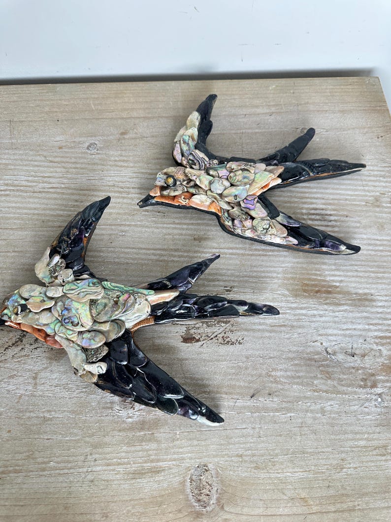 Vintage Abalone Shell Bird Wall Plaques Pair | Mother of Pearl Swallow ...