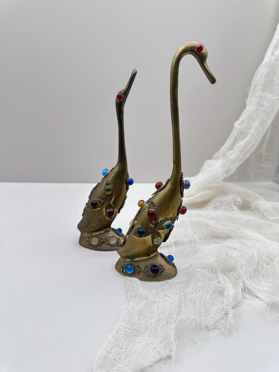 Vintage Jeweled Brass Birds • Mid Century Enamel & Glass Cabochon Decor ...