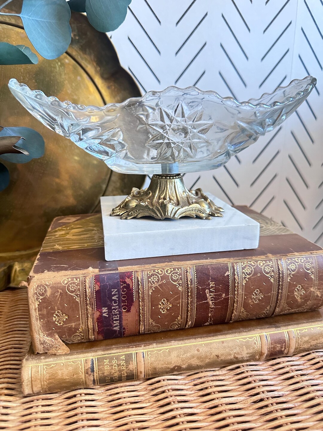 Hollywood Regency Crystal Pedestal Bowl With Brass & Marble Base ...